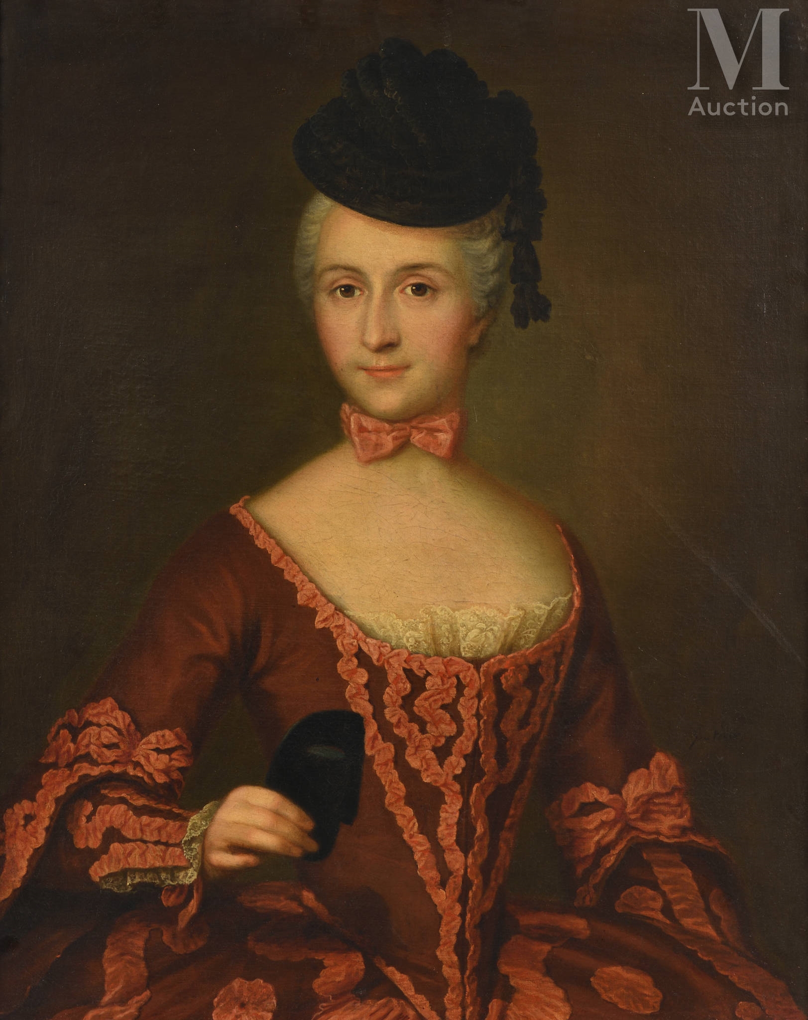 French School, 19th Century | Portrait de femme à la robe rouge tenant ...