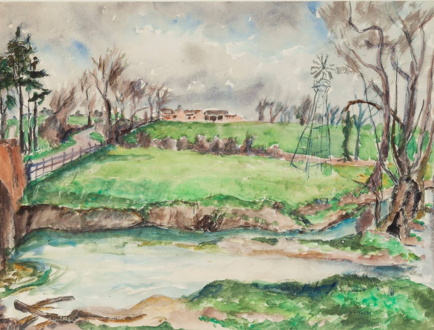 Maud Frances Eyston Sumner | STREAM WITH FARM BEYOND | MutualArt