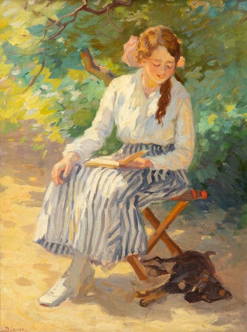 Bernadus Viegers | A young girl reading in the garden with her dog ...