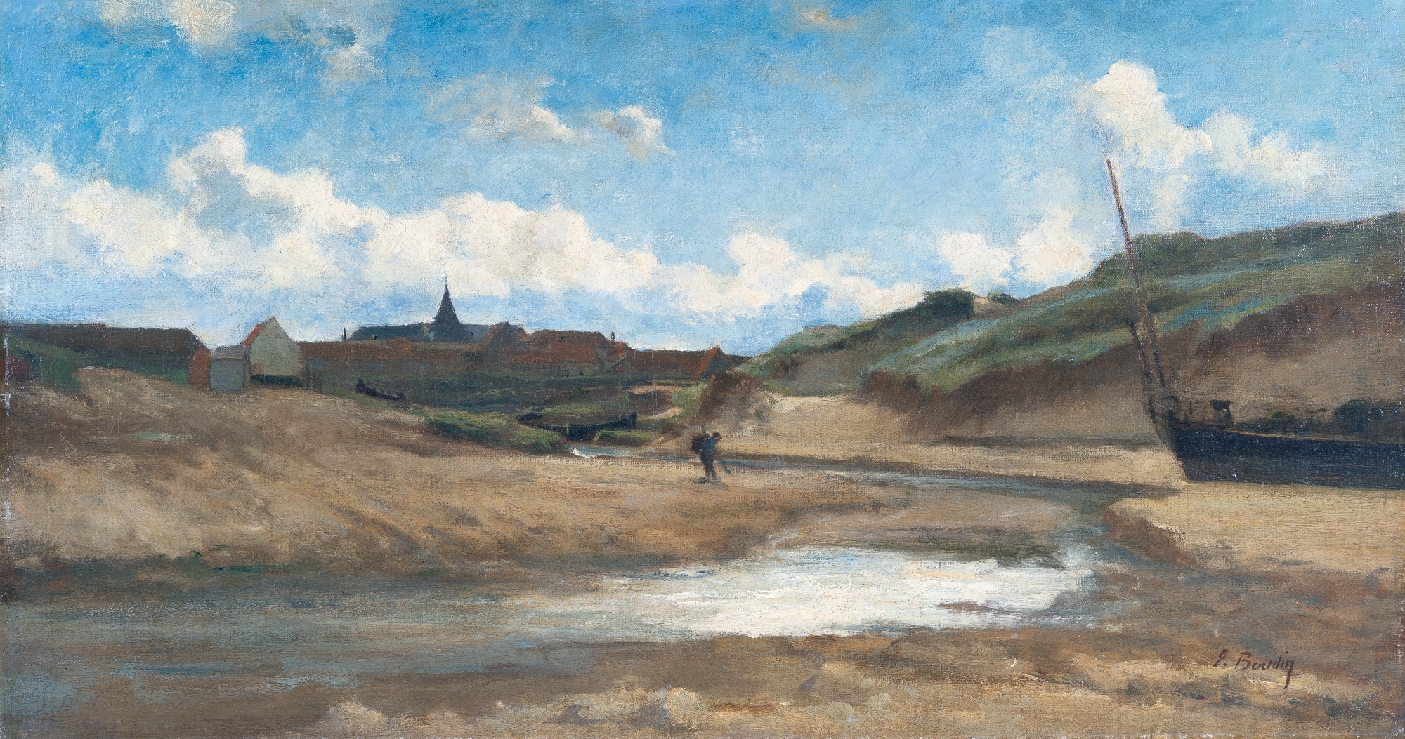 Eugène Louis Boudin | French coastal landscape with a barge and figures ...