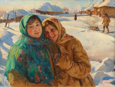 Fedot Vasilievich Sychkov | Sychkov Two Young Women in a Winter Landscape Oil on canvas. 53 x 70 ...