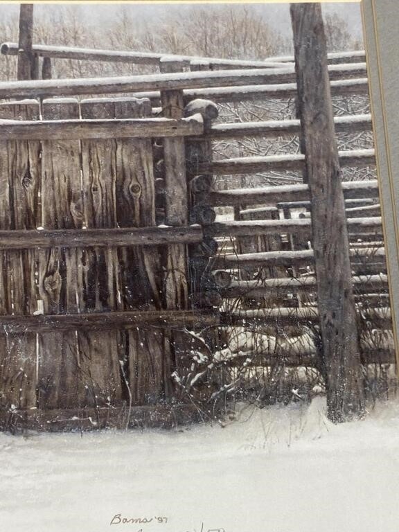 James Bama | cowboy standing in the snow in front of a wooden fence ...