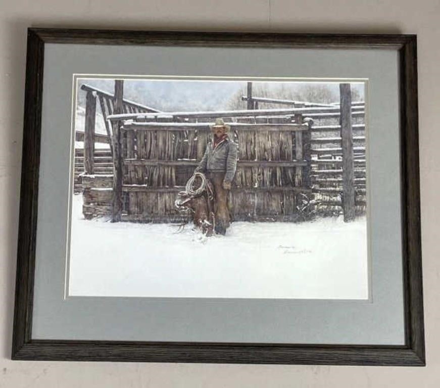 James Bama | cowboy standing in the snow in front of a wooden fence ...