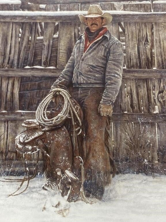 James Bama | cowboy standing in the snow in front of a wooden fence ...
