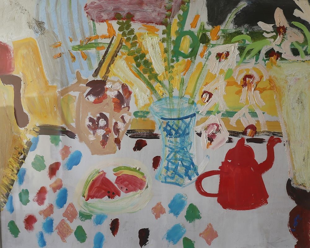 Elizabeth Cope | STILL LIFE WITH SLICED MELON AND RED TEAPOT | MutualArt