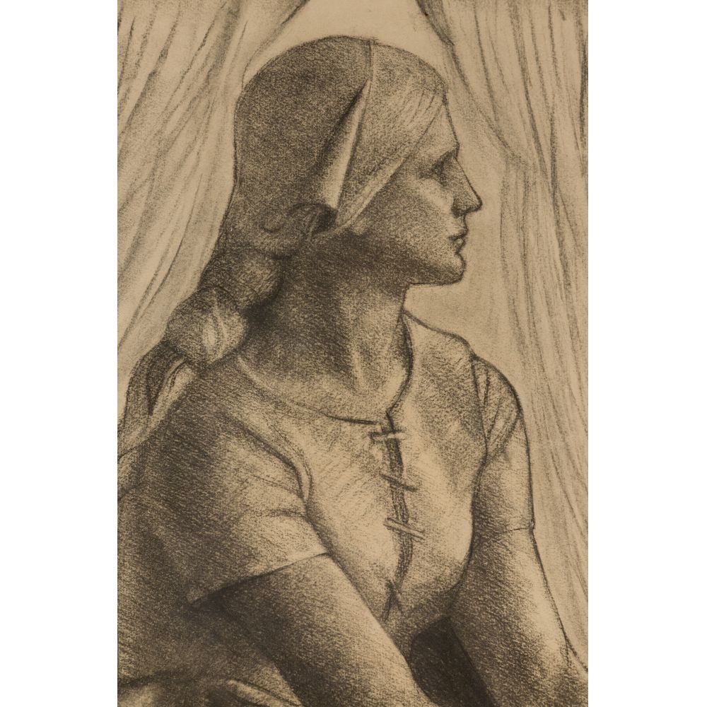 Claude Buck | Woman in peasant garb kneeling in prayer | MutualArt