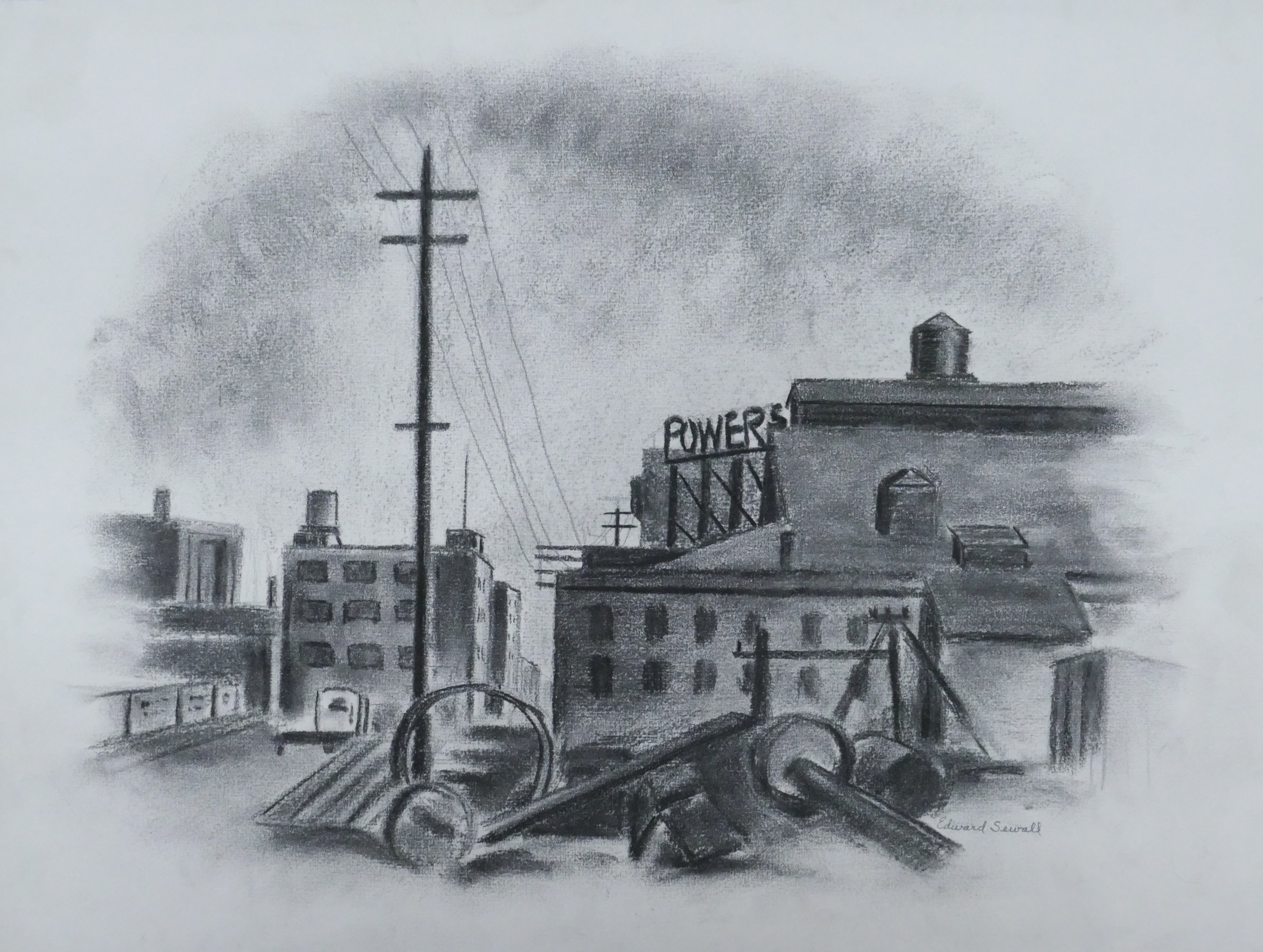 Edward Sewall | Edward Sewall ''Industrial Scene'' 1940's Charcoal ...