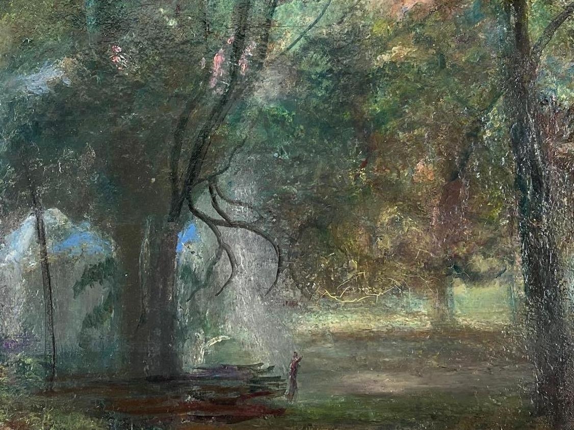 Alfred Nicholson | Dense forest landscape with lone figure | MutualArt