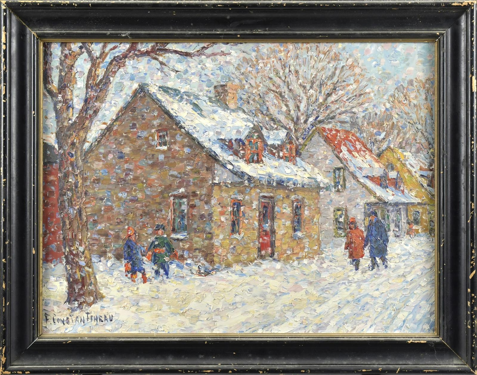 Fleurimond Constantineau | Canadian village scene in winter, with figures walking down street ...