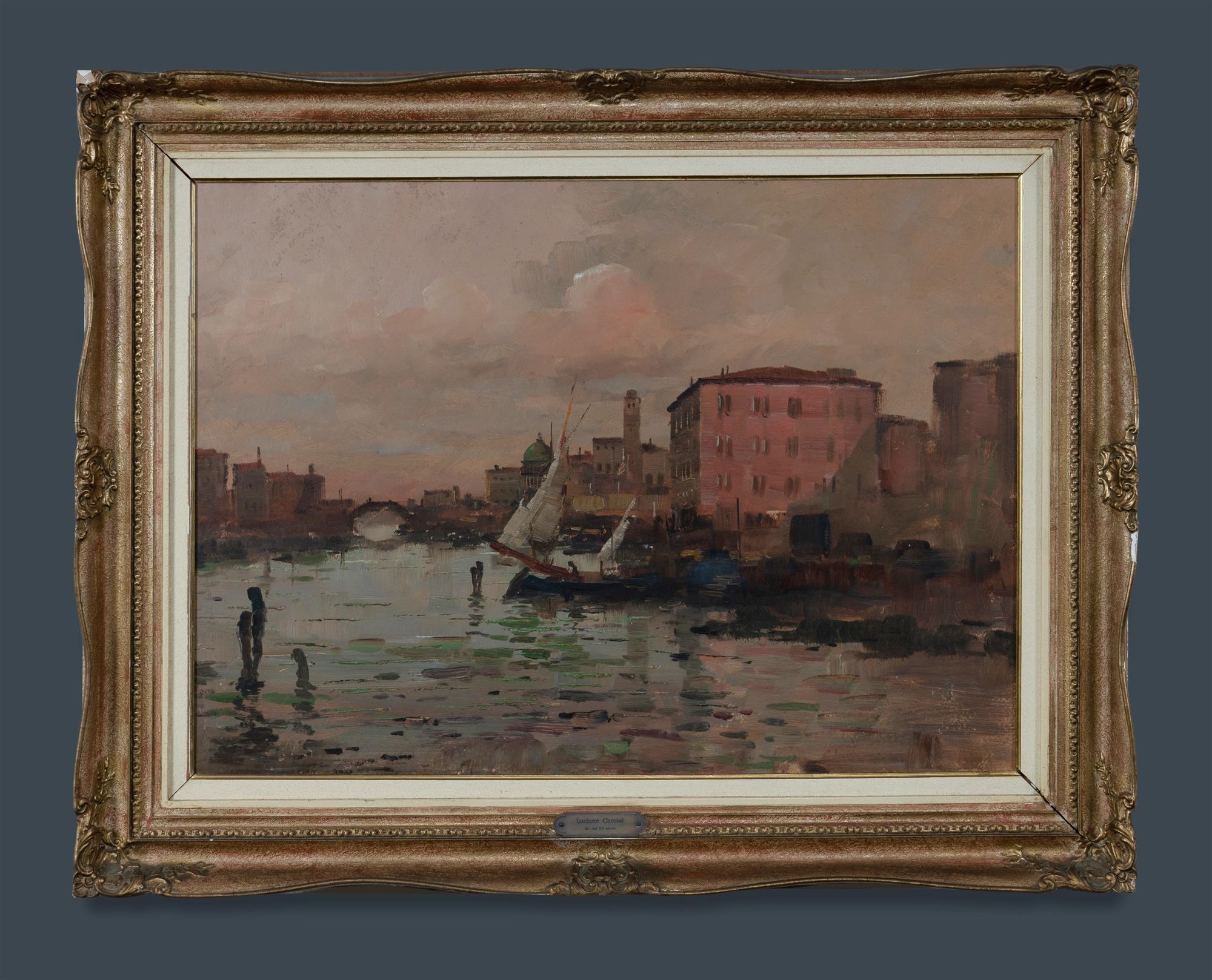 Lucio Cargnel | River Scene with Boat and Bridge in Distance | MutualArt