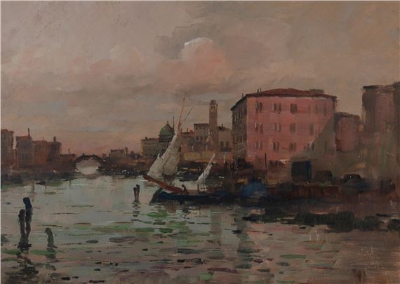 Lucio Cargnel | River Scene with Boat and Bridge in Distance | MutualArt