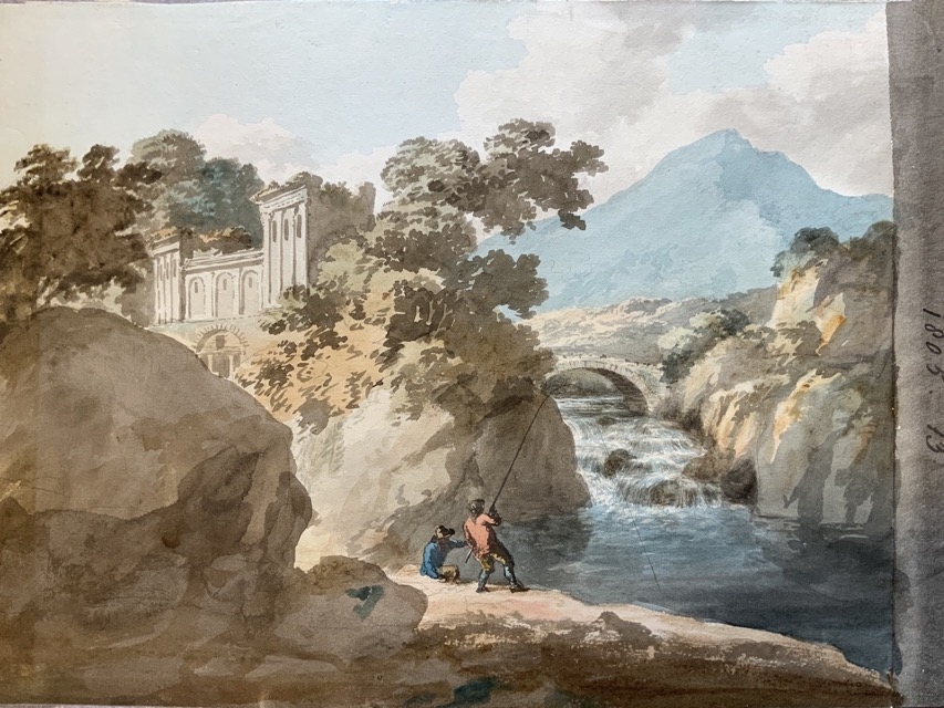 J. Barter | Victorian landscape with two fishermen on bank beneath ...