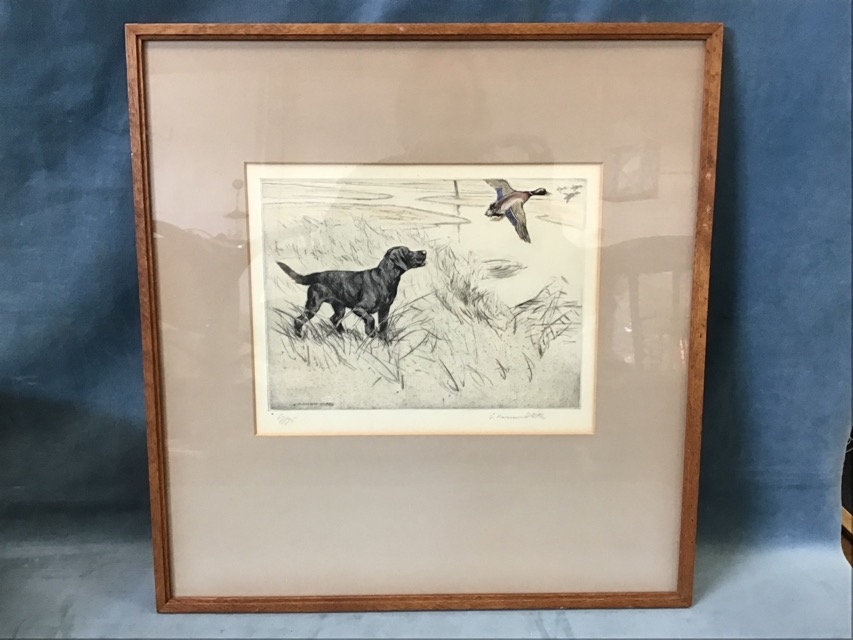 George Vernon Stokes | duck being risen by labrador in landscape ...