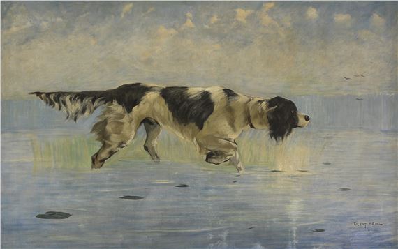 Eilert Mehl | Gun dog splashing in a river (1865) | MutualArt