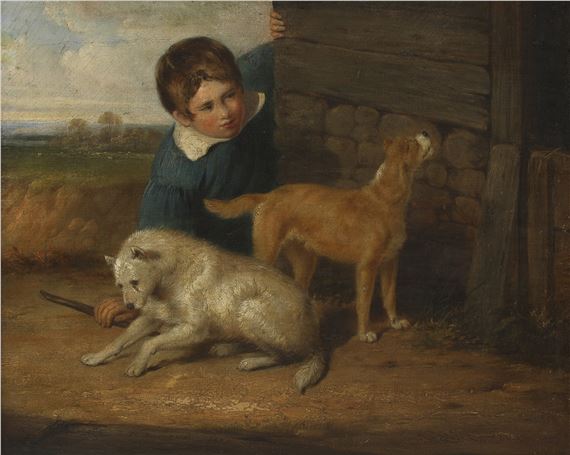 William Barraud | A young boy and dogs in a farmyard (1835) | MutualArt