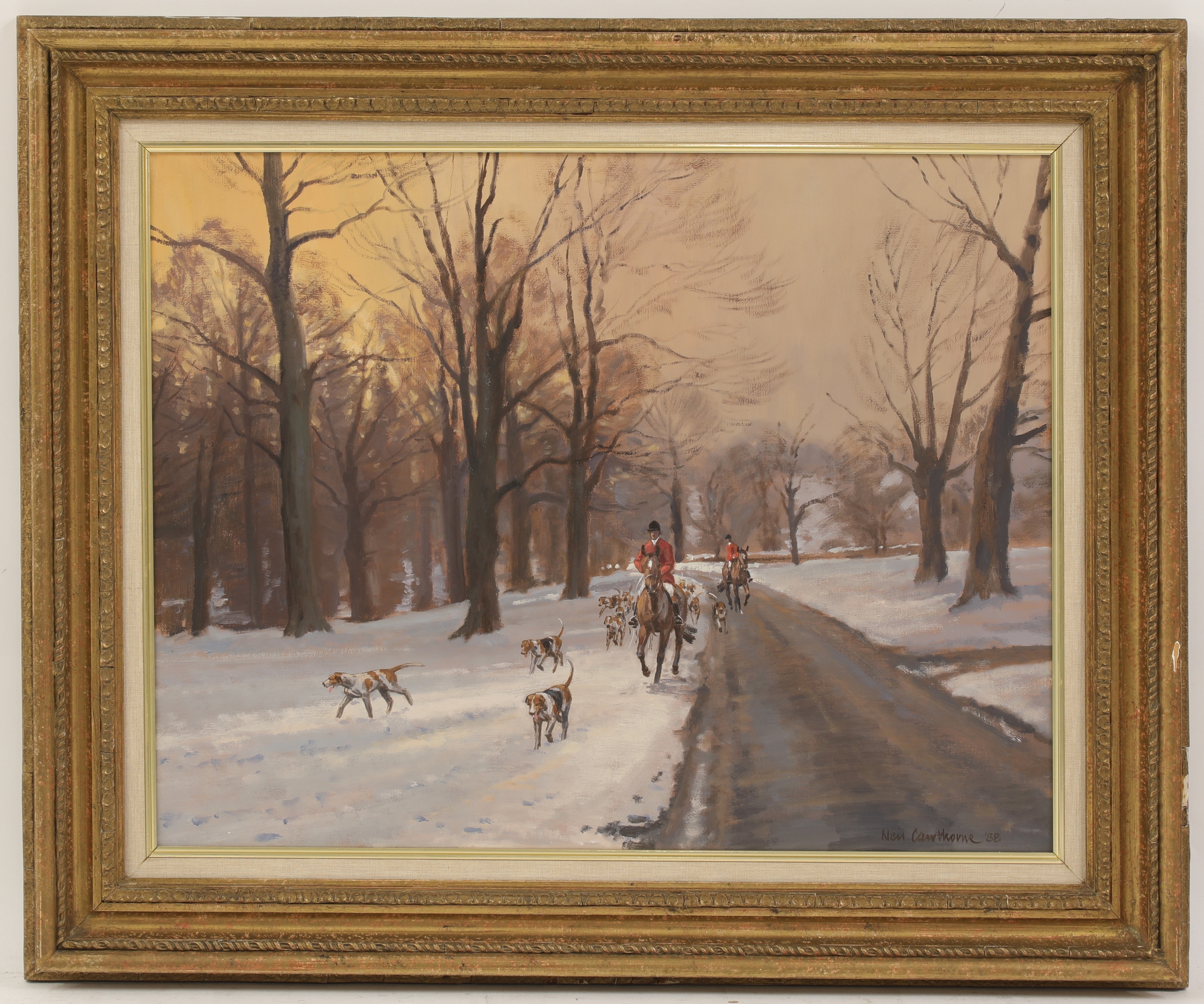 Neil Cawthorne | Huntsmen and hounds on a country road (1988) | MutualArt
