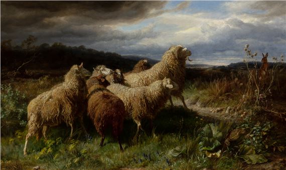 Johann Baptist Hofner | Landscape with Sheep Startled by a Hare, 1865 ...