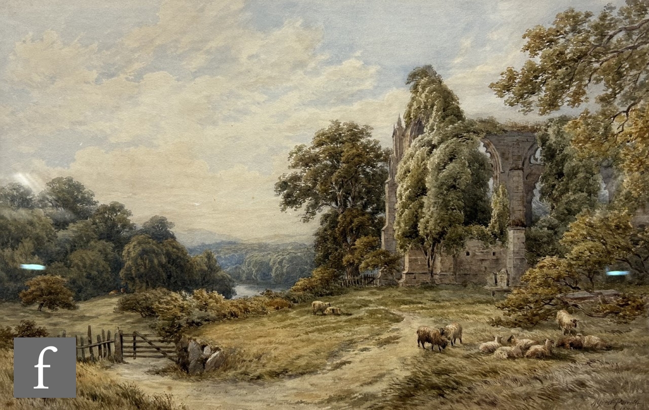 Alfred Powell | Sheep in a meadow before a ruined abbey (1871) | MutualArt