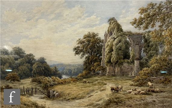 Alfred Powell | Sheep in a meadow before a ruined abbey (1871) | MutualArt