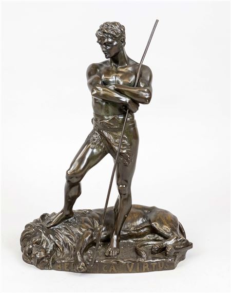 Henry Fugère | Archaic hunter with spear and tied around fur standing ...