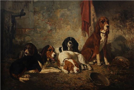 Joseph Stevens | Dogs in a barn (1852) | MutualArt