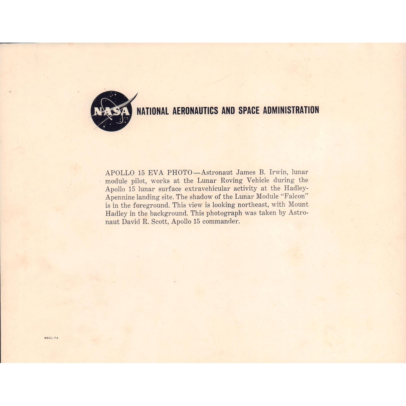 David R. Scott | NASA Apollo 15 Lunar Surface Photo Signed by James B ...