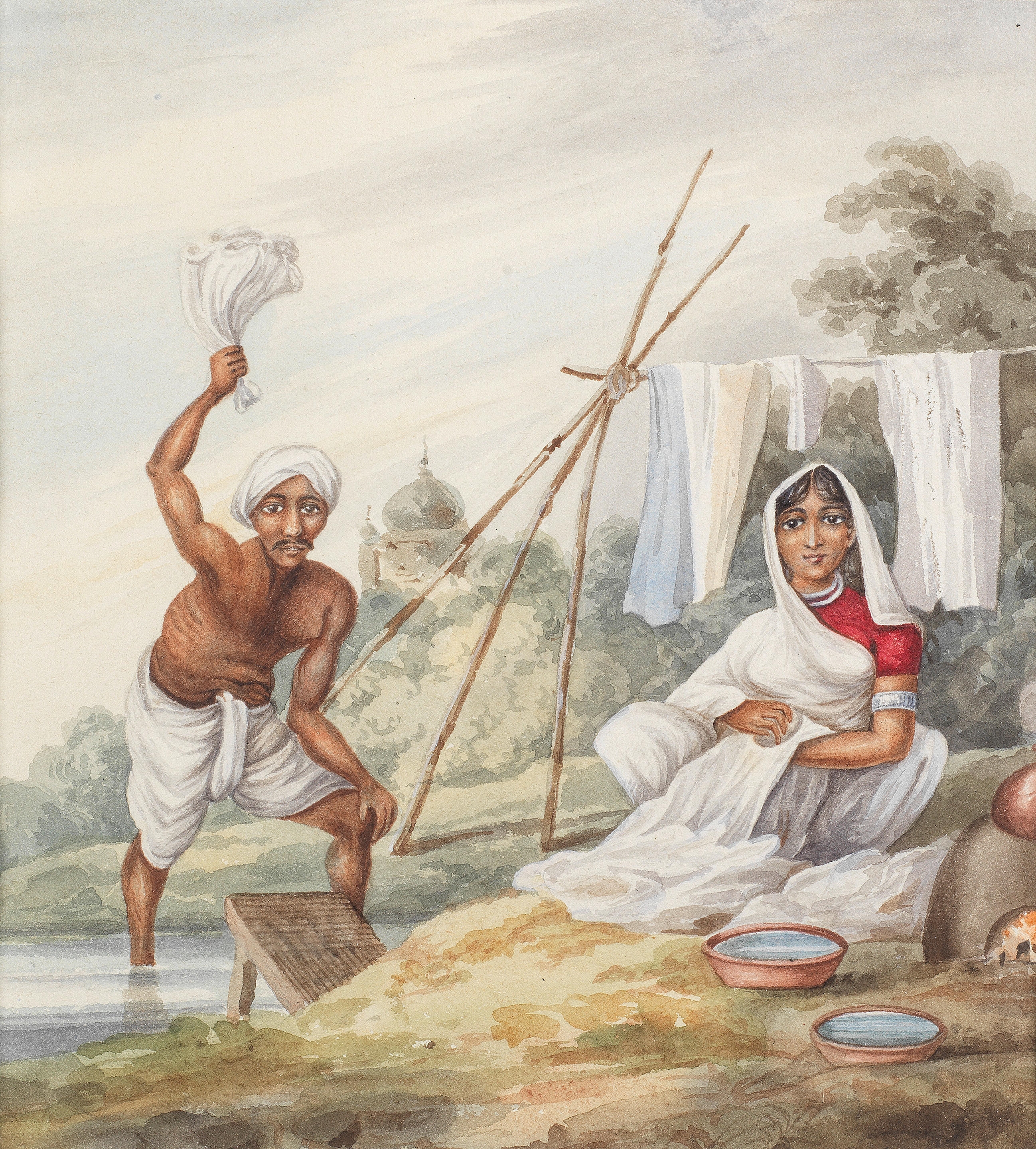 Indian School, 19th Century | A dhobi and his wife at the side of a ...
