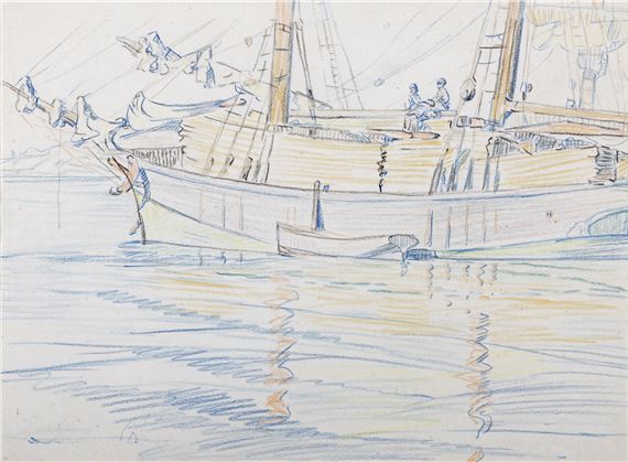 Mary Swanzy | Boat Anchored with Three Figures Working | MutualArt