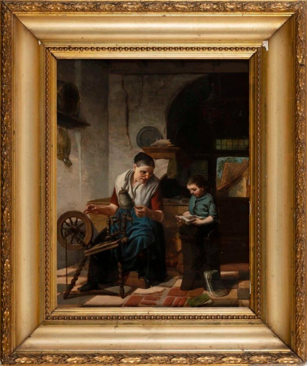 Jos van Bree | Figure at spinning wheel and child with book in hand ...