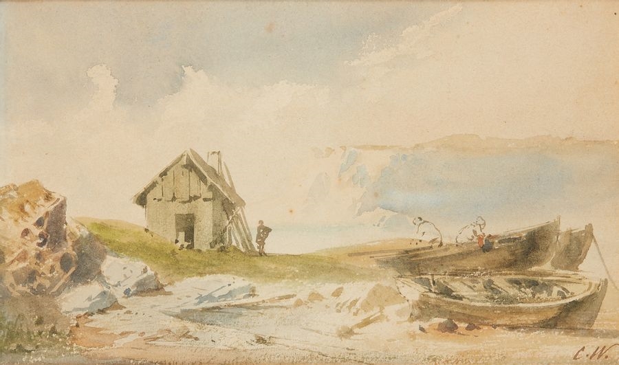 William Callow | Boats and fishermen's hut by the sea Watercolor ...