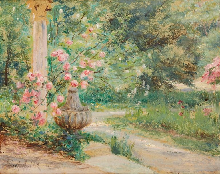 Albert Aublet | The Rosebush Climbing on the Terrace, 1915 Oil on paper ...