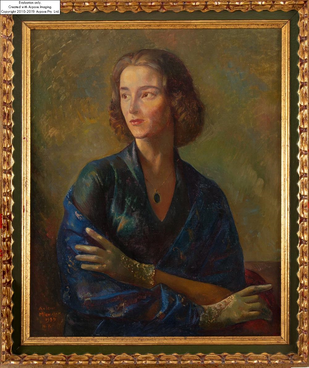 Antoni Michalak | Portret kobiety z kobaltowym szalem | MutualArt