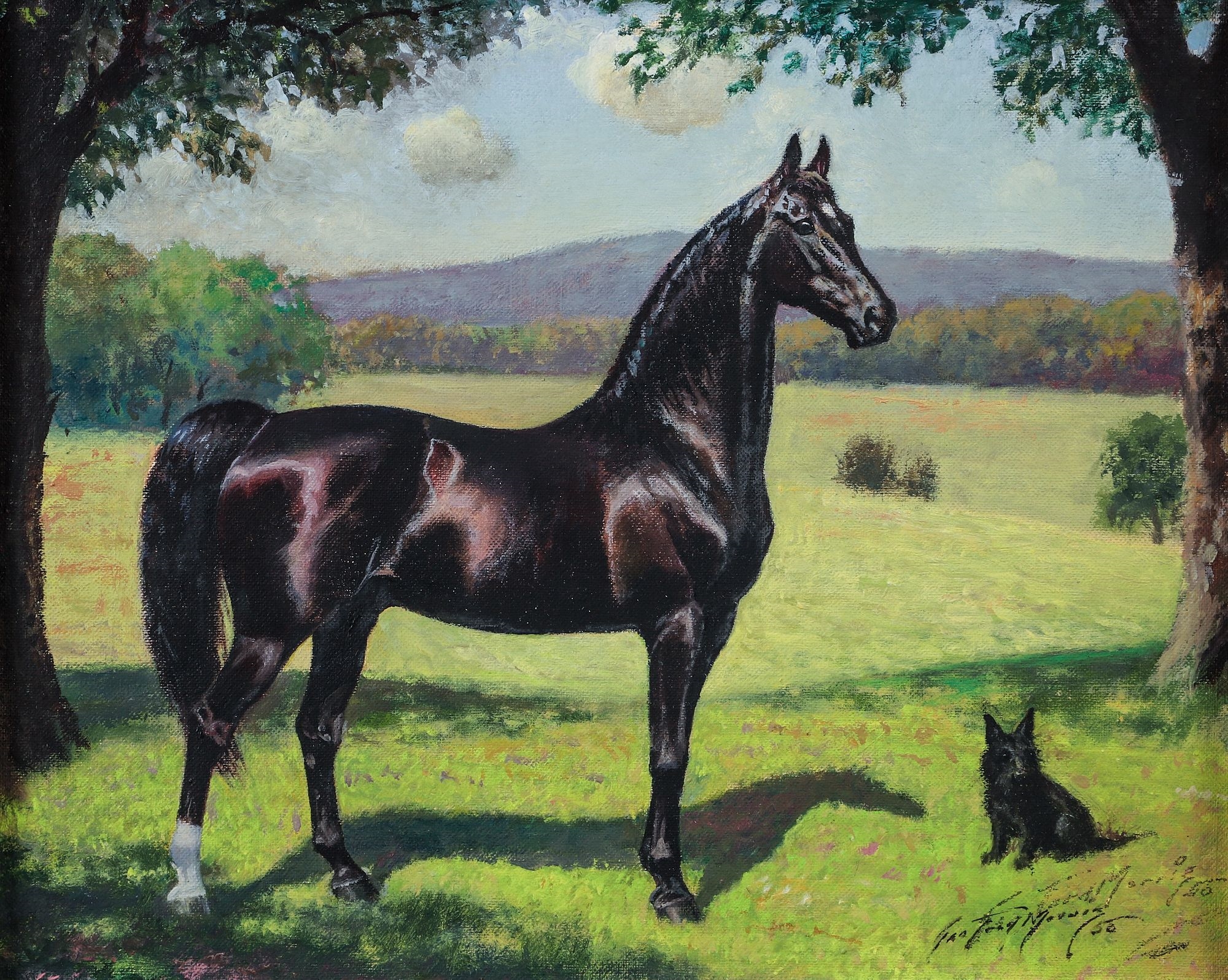 George Ford Morris | Black Horse and Scottish Terrier in a Summer Field ...