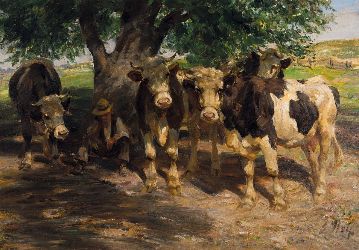 Georg Wolf | Resting farmer with four cattle | MutualArt