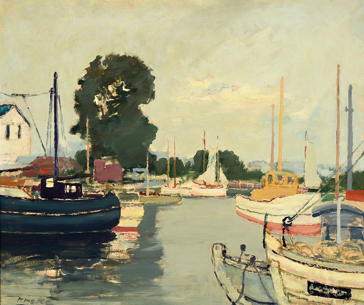 Albert Knoke | Harbor view with sailing ships | MutualArt