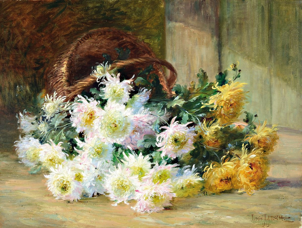 Louis Letsch | Still life with yellow and white chrysanthemums in a ...