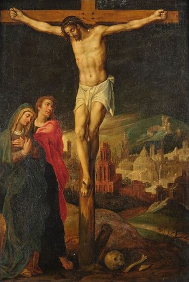 Dutch School, 16th Century | Christus am Kreuz mit Maria und Johannes dem Jünger | MutualArt