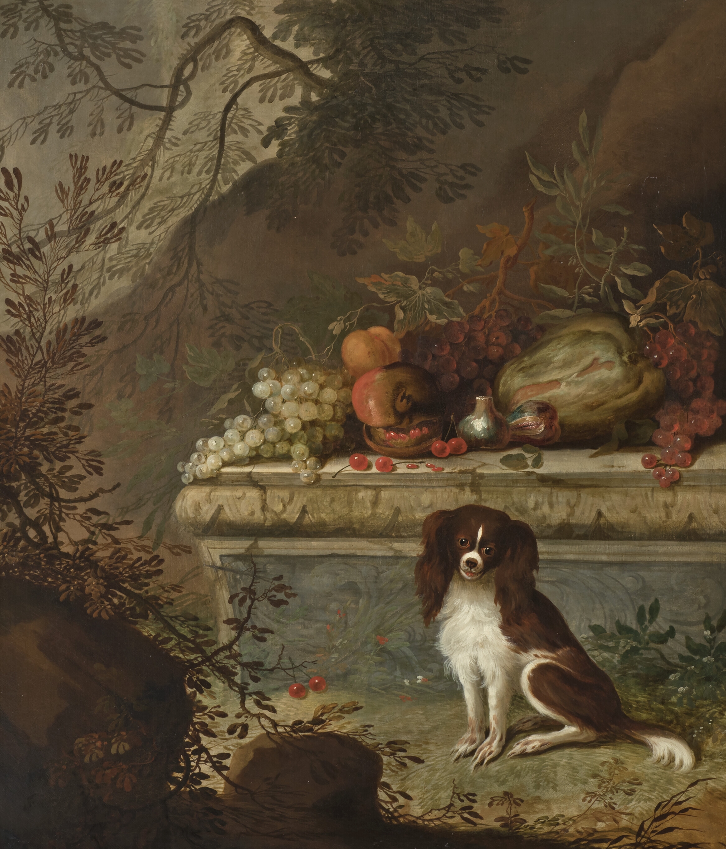Jakob Bogdany | A King Charles Spaniel, seated, in front of a stone ...