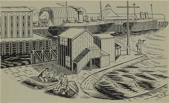 Edward Bawden | Industrial port scene with figures (1946) | MutualArt