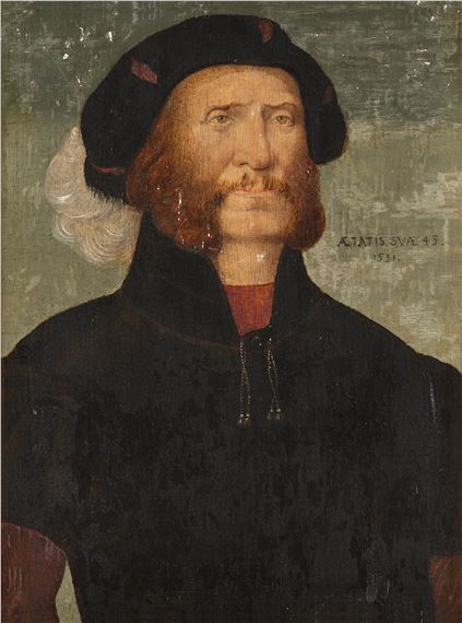 Lucas Cranach the Elder | Portrait of a man, aged 45, half length, wearing a black tunic and ...