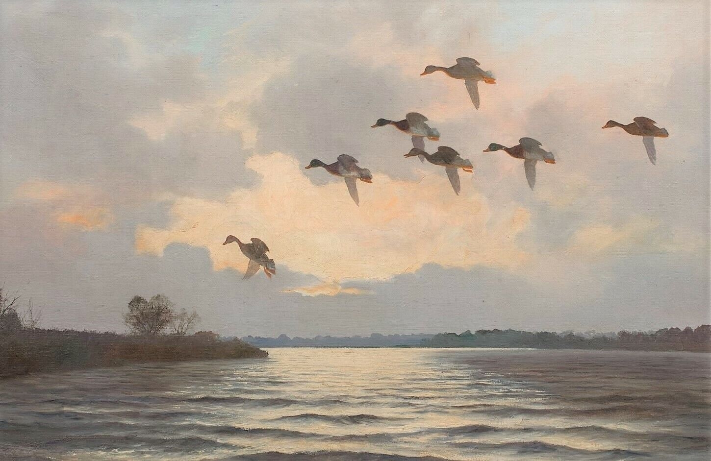 Wilfred Bailey | MALLARDS DUCKS FLYING AT SUNSET (19th Century) | MutualArt