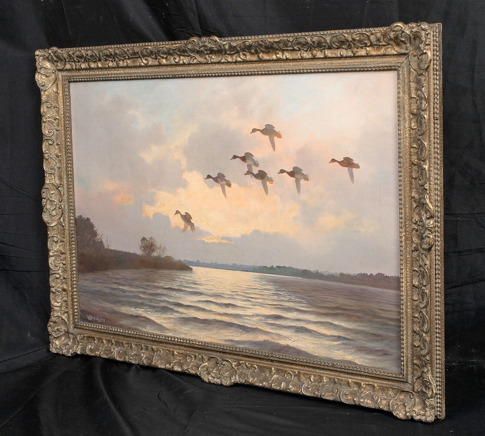 Wilfred Bailey | MALLARDS DUCKS FLYING AT SUNSET (19th Century) | MutualArt