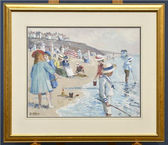 Tom Durkin | figures on a beach with houses beyond | MutualArt