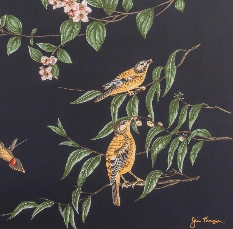 Jim Thompson | Birds and cherry blossom flowers on a black ground ...