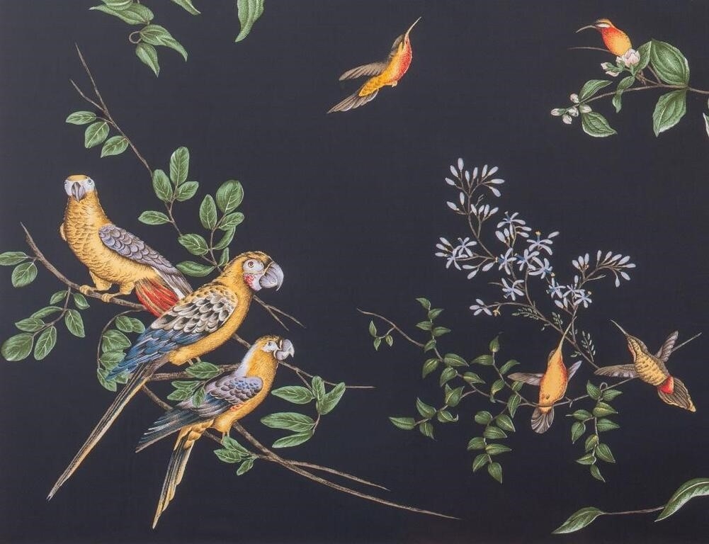Jim Thompson | Birds and cherry blossom flowers on a black ground ...