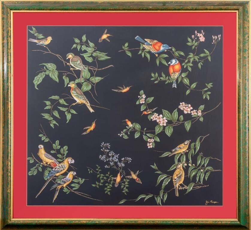 Jim Thompson | Birds and cherry blossom flowers on a black ground ...