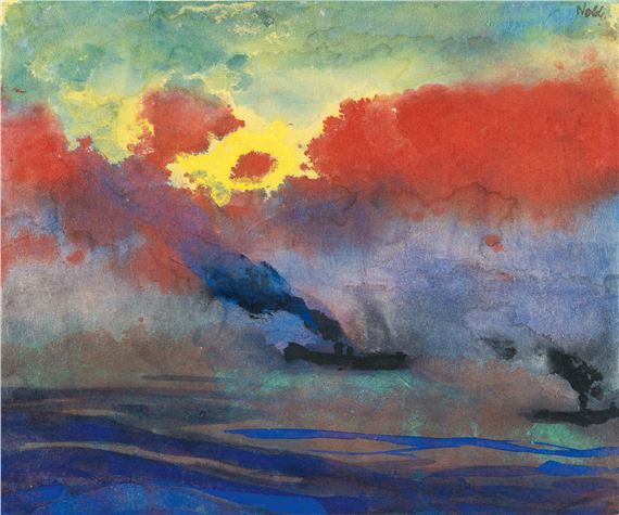 Emil Nolde | Red/yellow evening sky I, two steamships (1946) | MutualArt