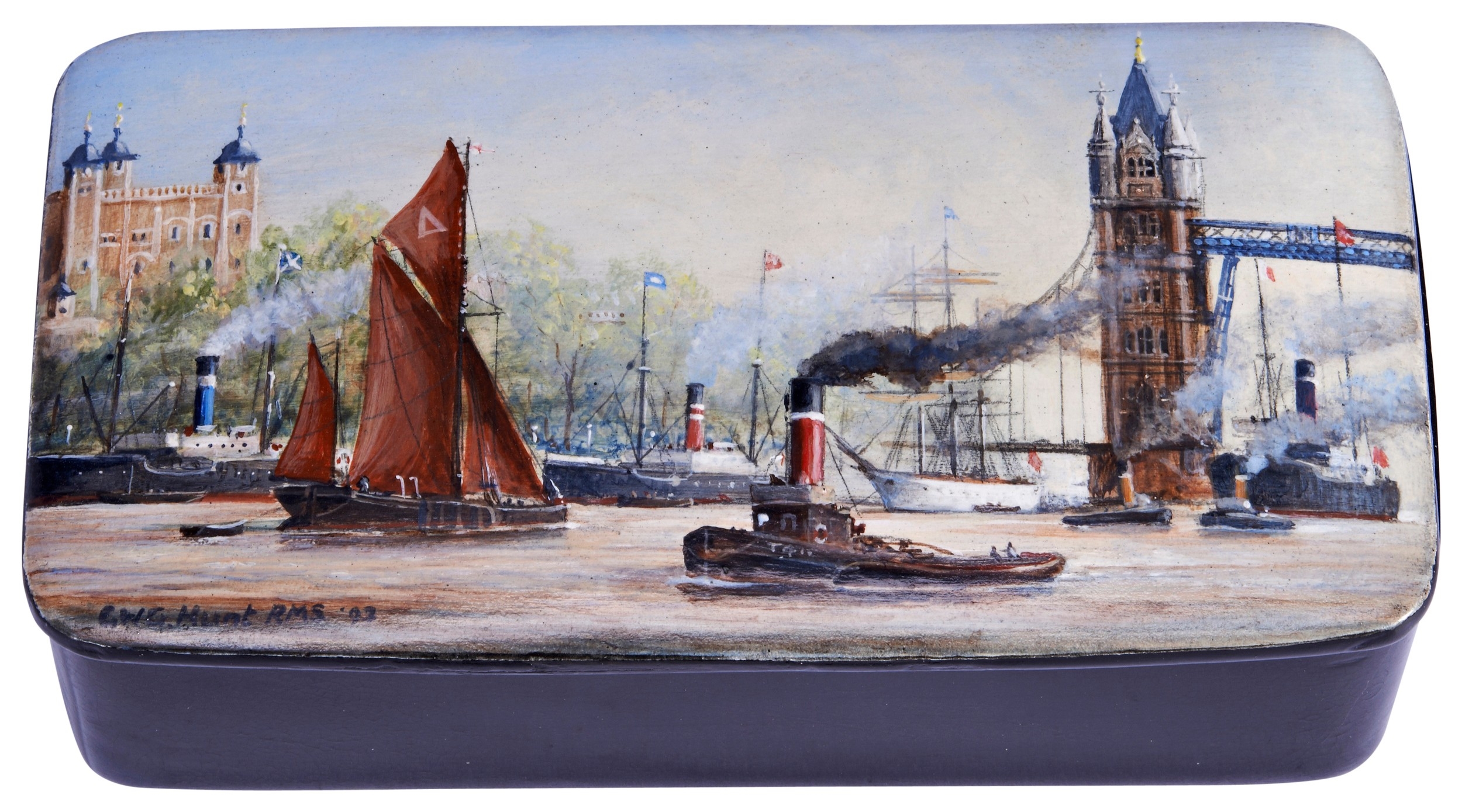Geoff Hunt | A PAPIER MACHE BOX, painted with a Thames scene, the Tower ...