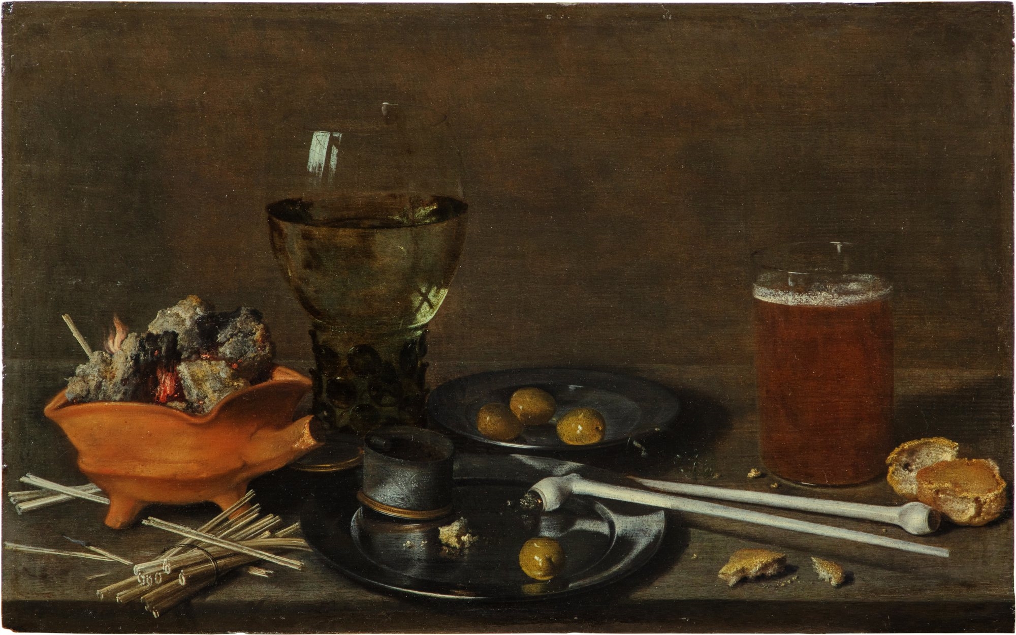 Pieter Claesz | still life with a brazier, a glass of beer and a clay ...