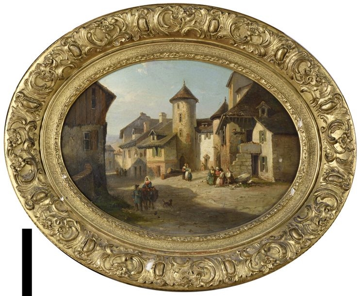 Horace Antoine Fonville | Lively scene in the village near the tower ...